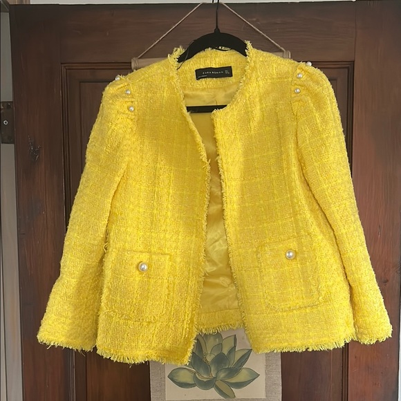 Zara | Jackets & Coats | Zara Yellow Tweed Jacket With Pearl Accents ...